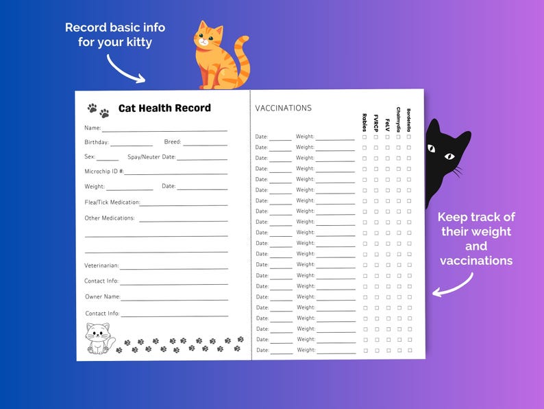 Cat Vaccination Tracker | Printable Cat Health Record | Pet Medical ...