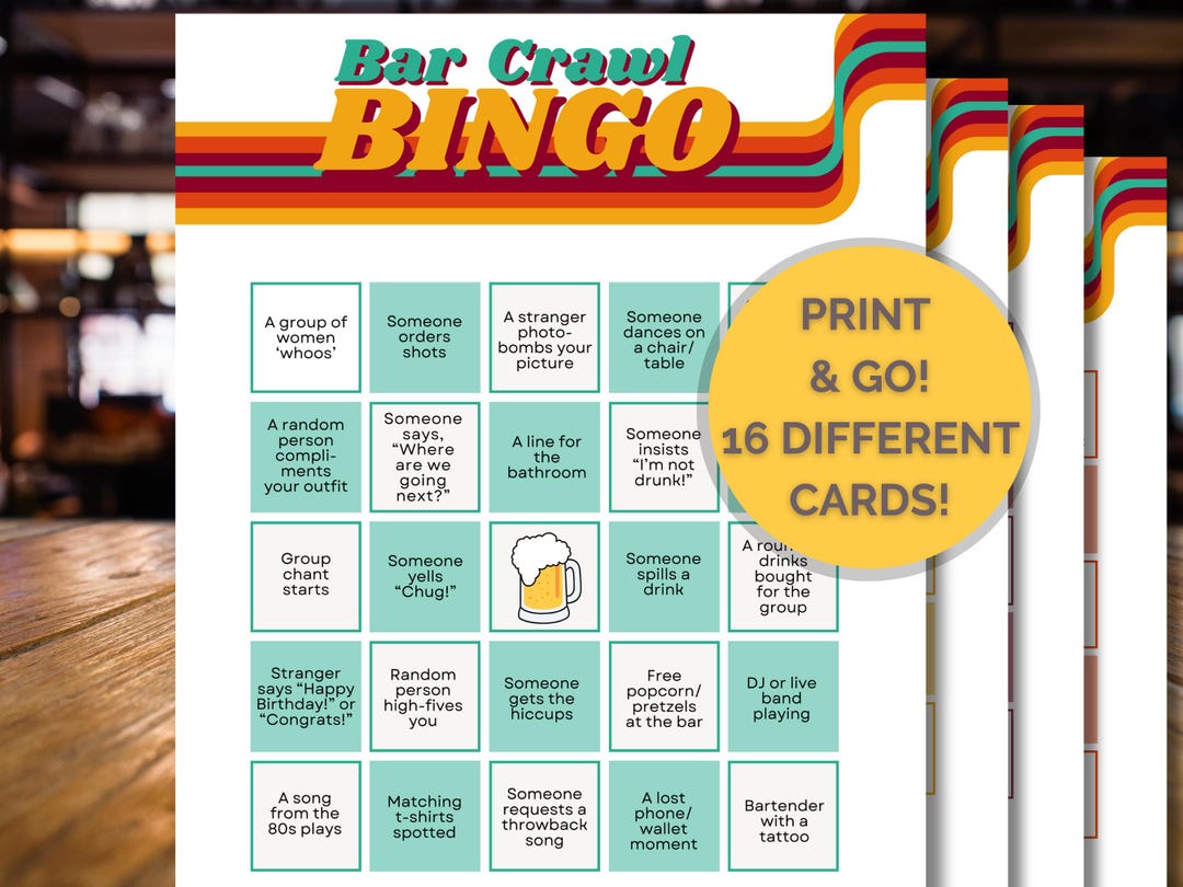 PRINTABLE Bar Crawl Bingo | Bar Crawl Games | Pub Crawl Bingo ...