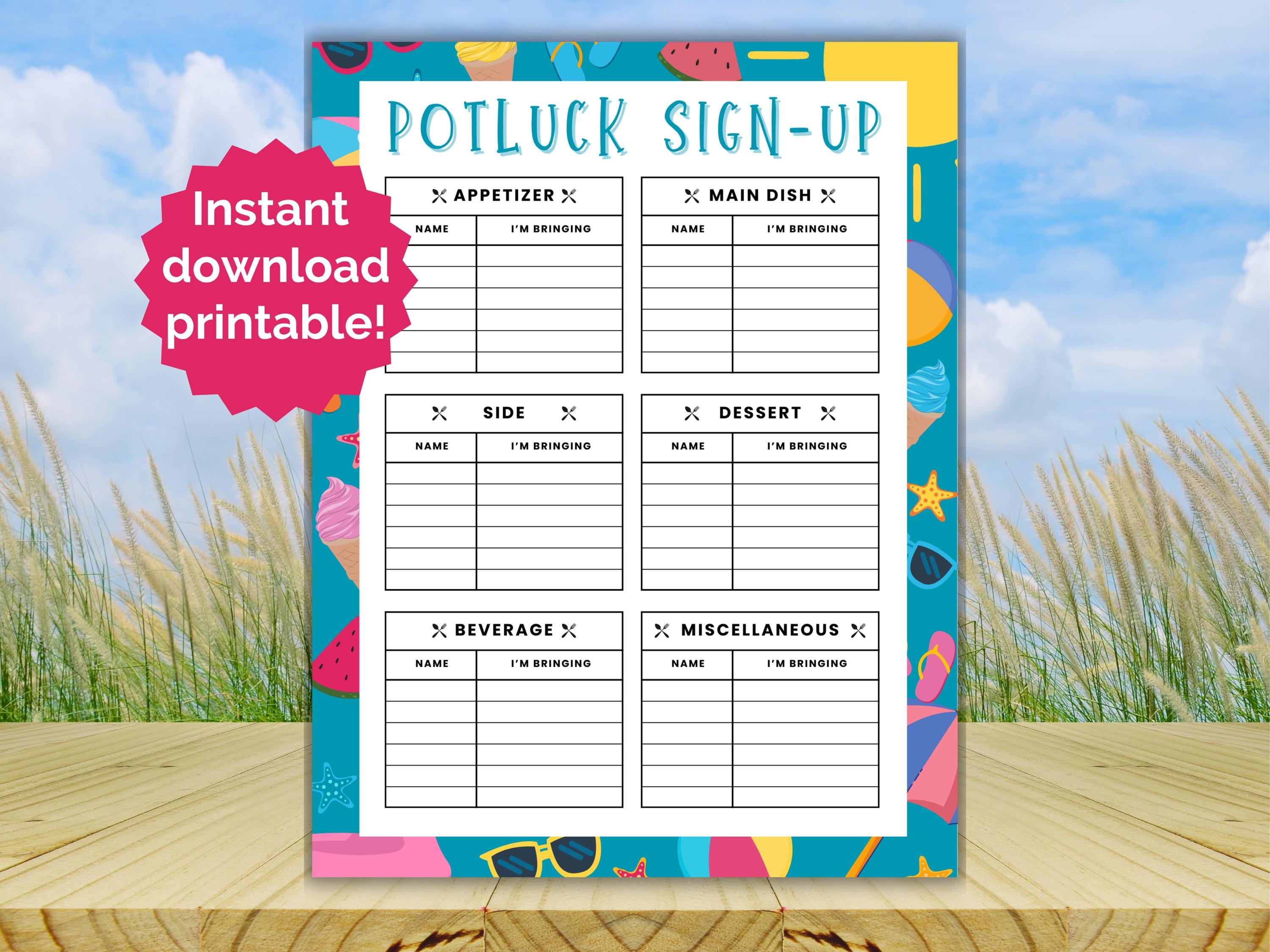 Potluck Sign up Sheet | Picnic Sign up | Summer Potluck | BBQ | Block ...