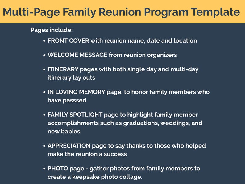 EDITABLE Family Reunion Itinerary Program Template – Printable Keepsake ...