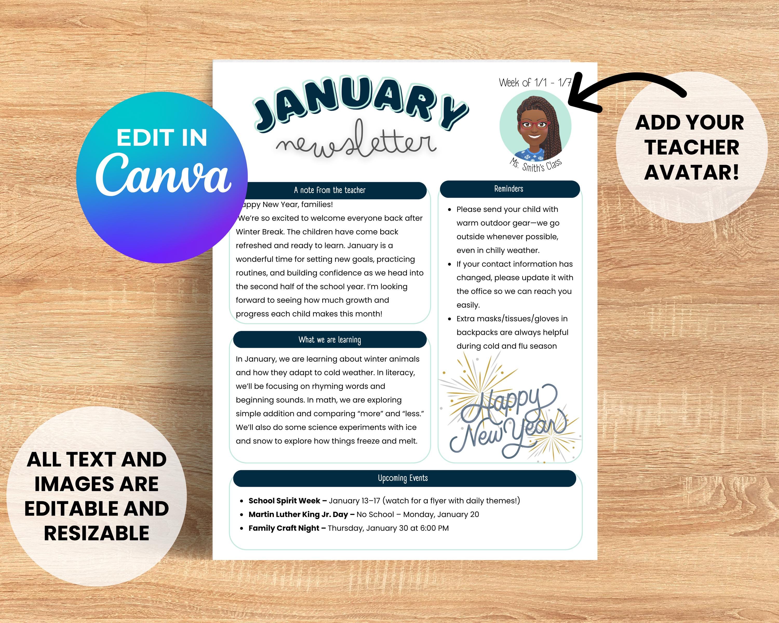 EDITABLE Weekly January New Year’s Newsletter Template, Monthly ...