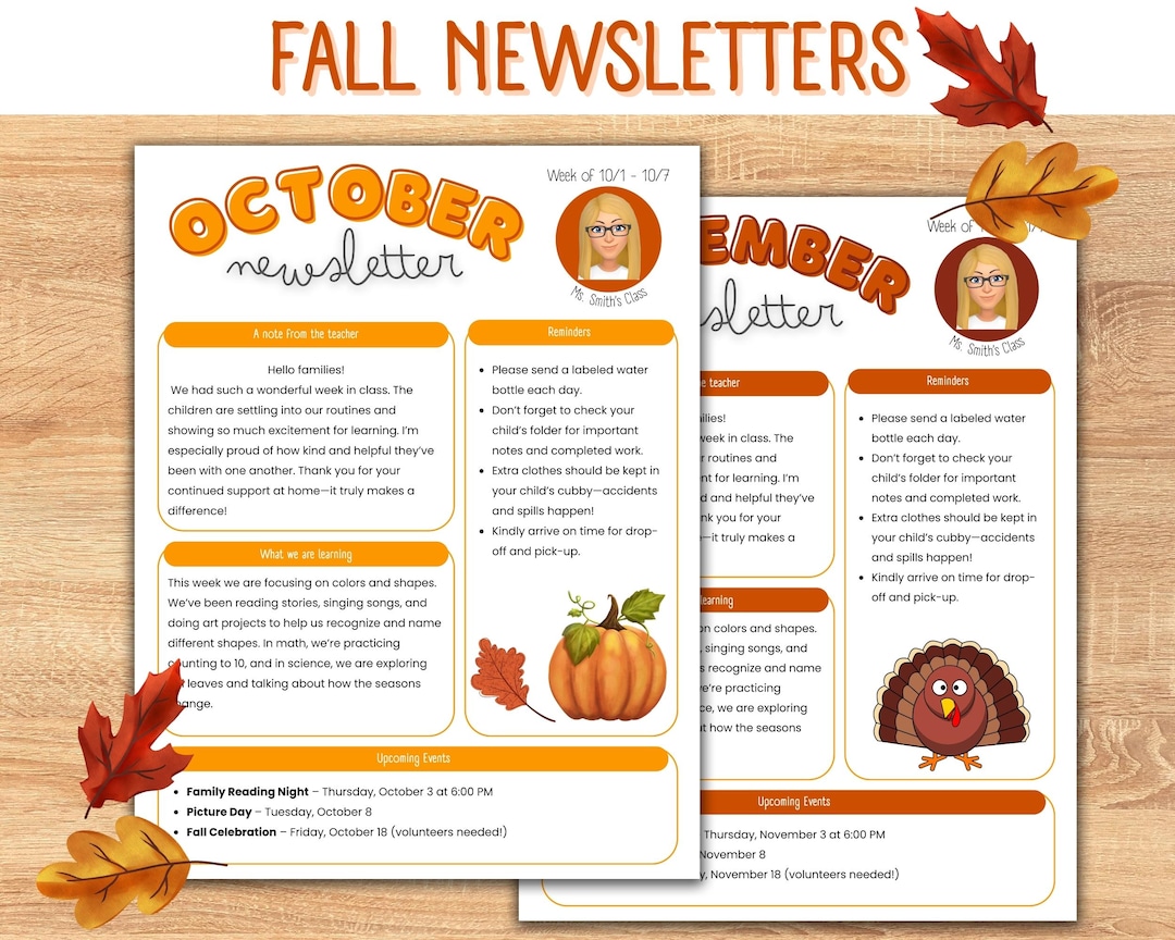 EDITABLE Weekly Fall Newsletter Template, October, November, Monthly ...