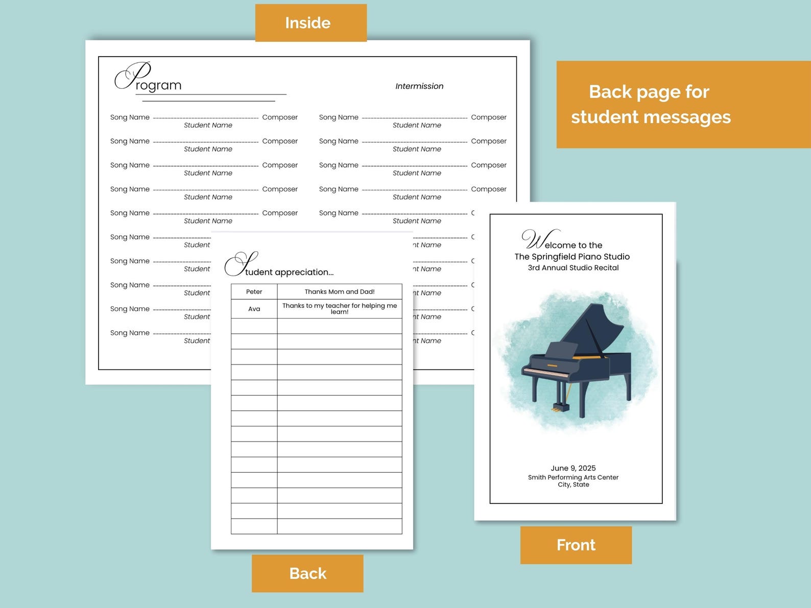 Editable Music Recital Program Template – Canva Editable | Piano Theme ...