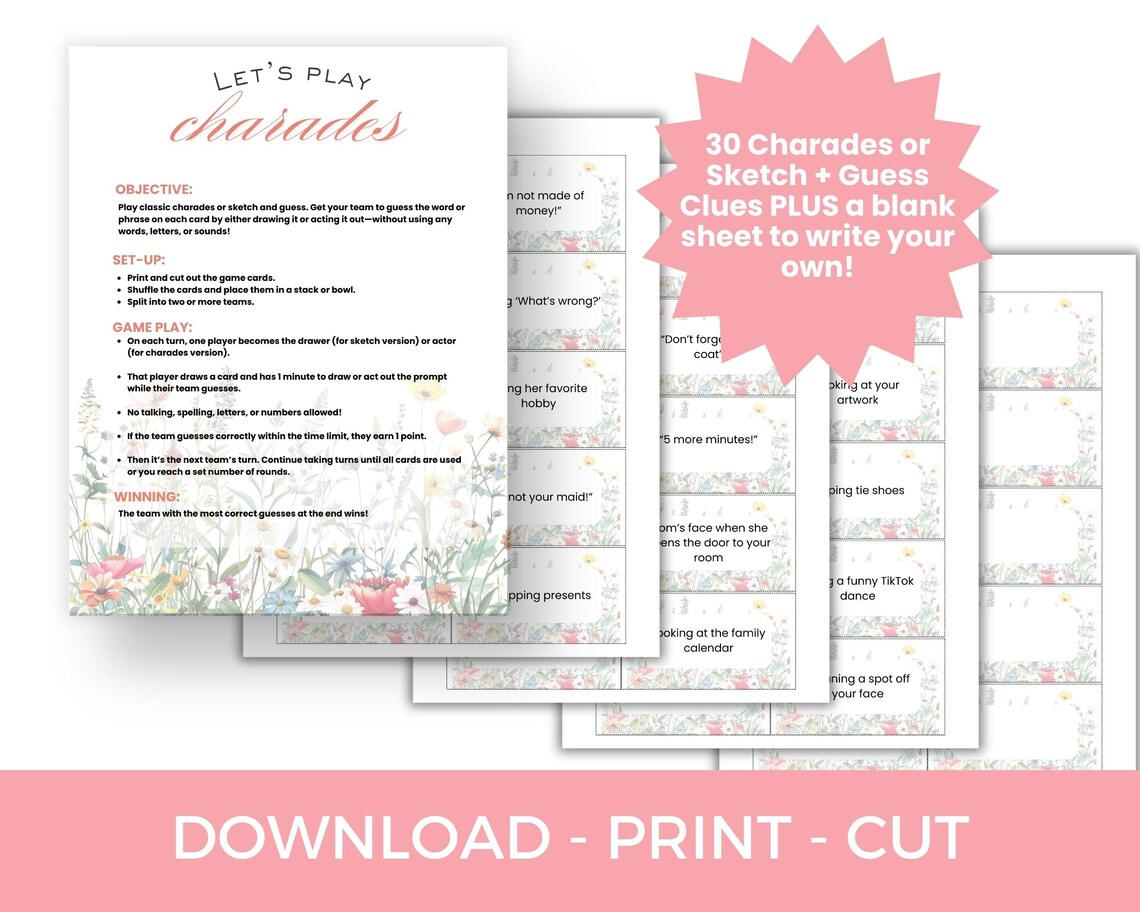 Mother’s Day Charades Printable | Charades, Drawing Game | Wildflower ...