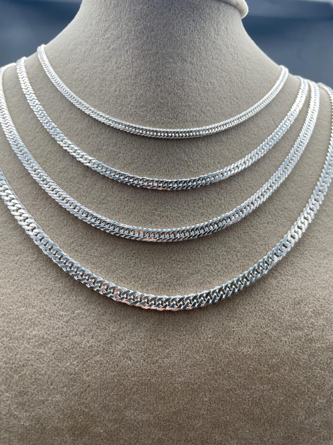 925 Sterling Silver Flat Cuban Chain Necklace, Double Gourmet Chain ...