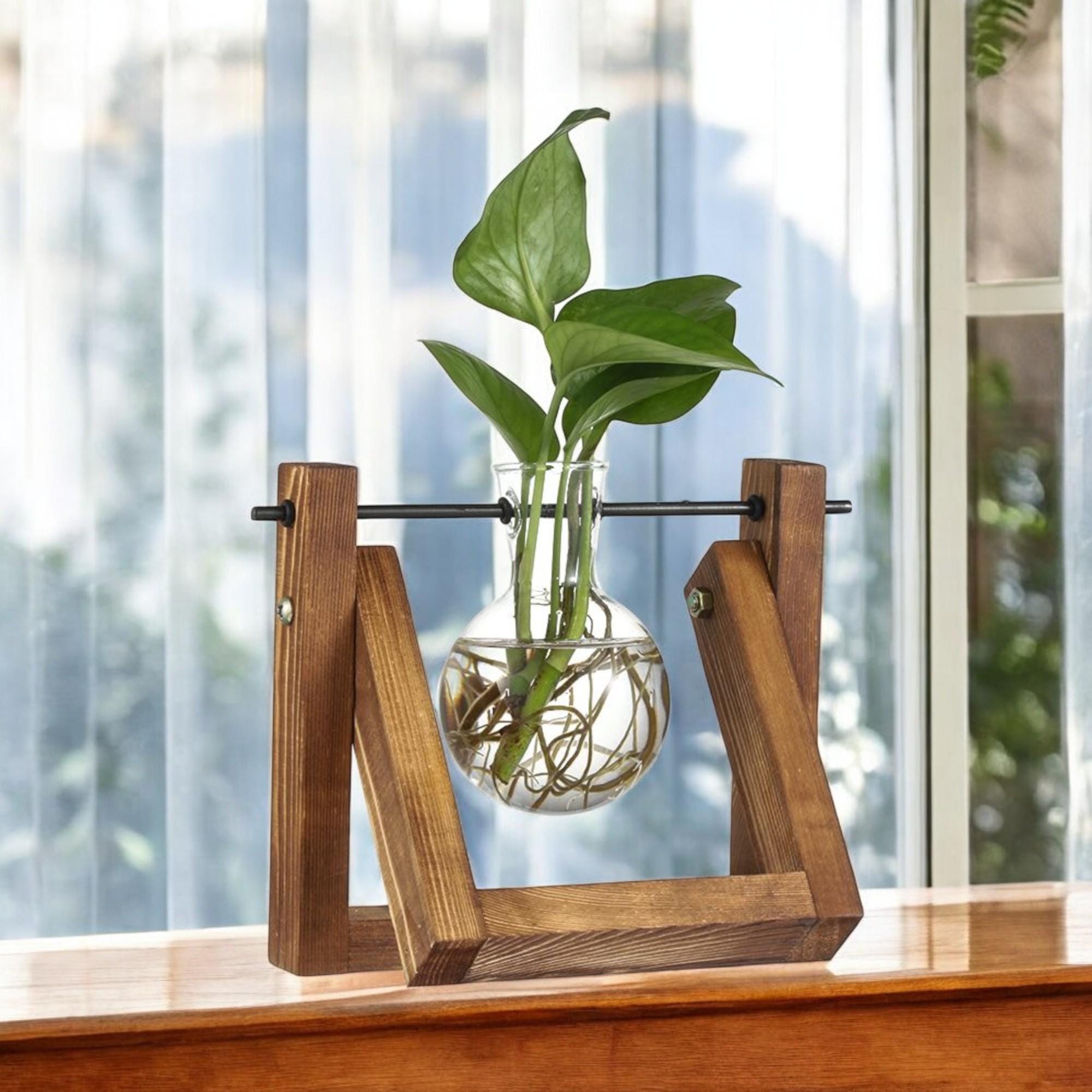 Wooden Plant Pot Stand With Glass Vase | Hydroponic Propagation Station ...