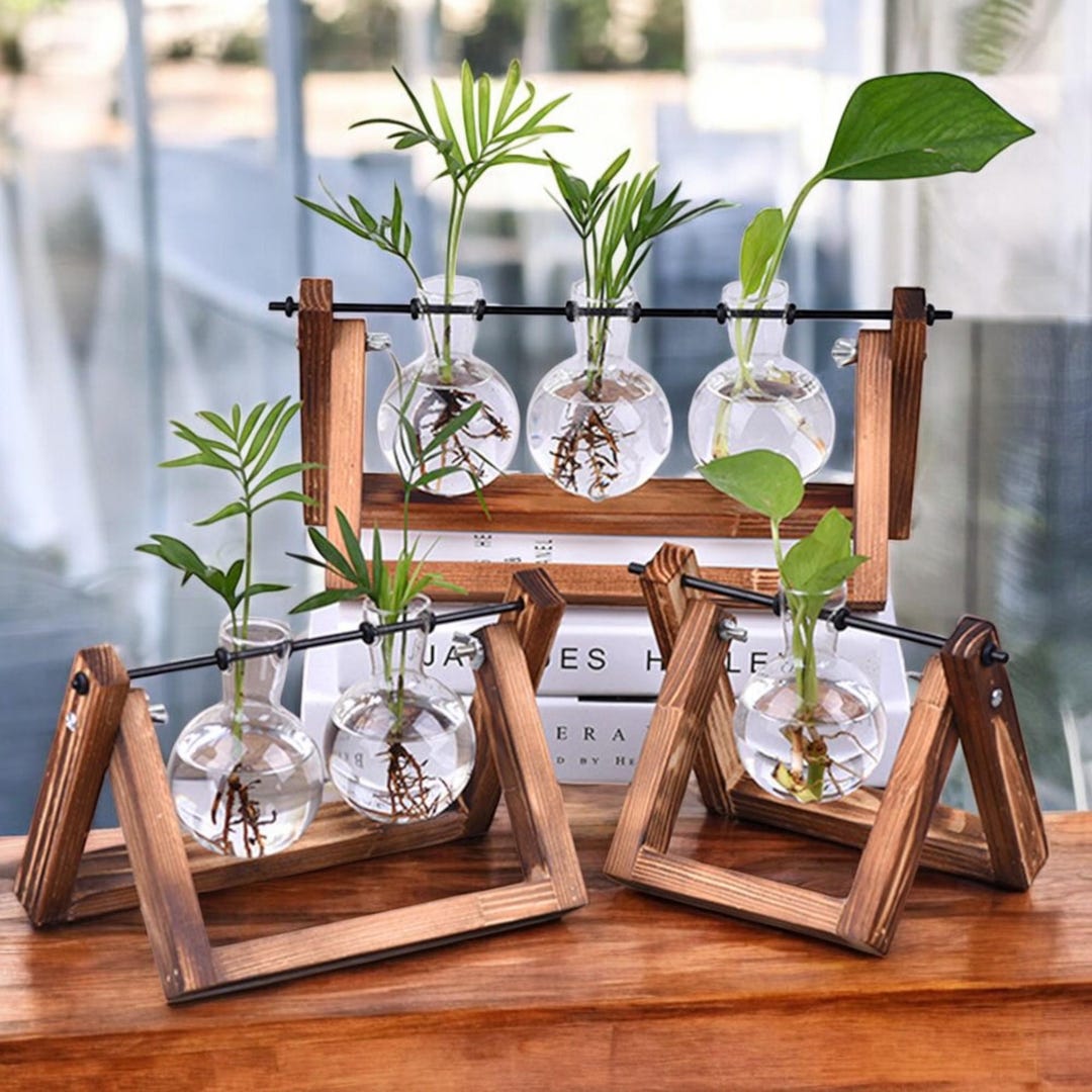 Wooden Plant Pot Stand With Glass Vase | Hydroponic Propagation Station ...