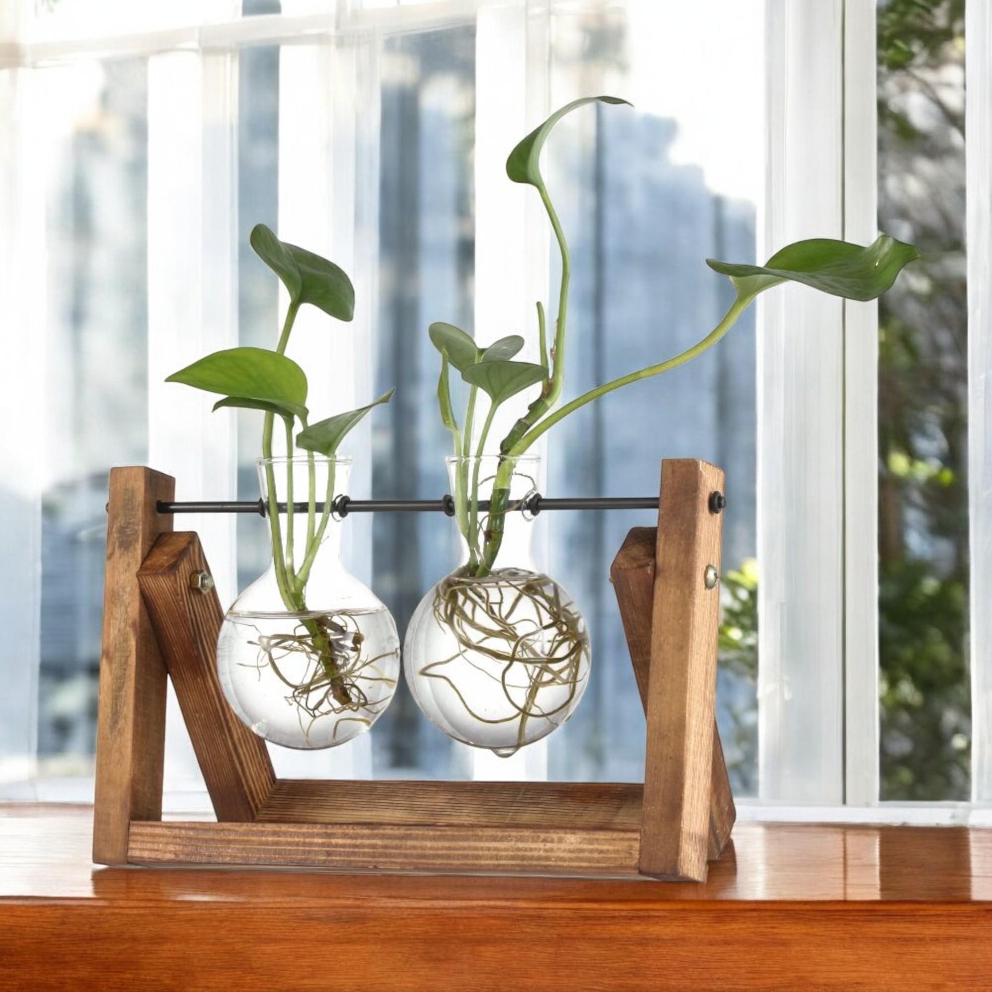 Wooden Plant Pot Stand With Glass Vase | Hydroponic Propagation Station ...