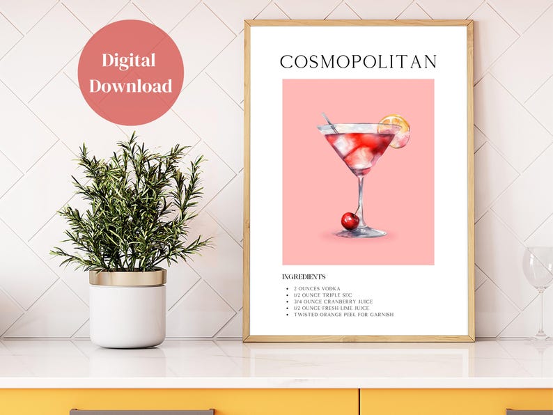 Cosmopolitan Cocktail Print, Retro Bar Art, Minimalist Decor, Printable ...