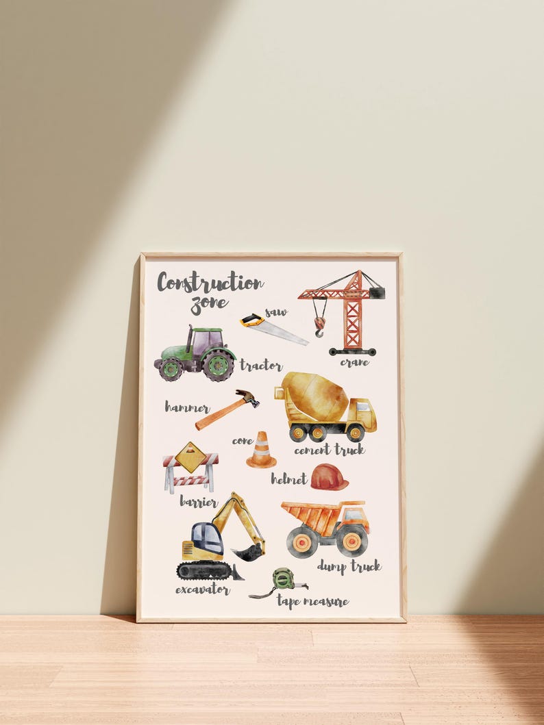 Watercolor Construction Zone Poster: Educational Kids Room Decor ...