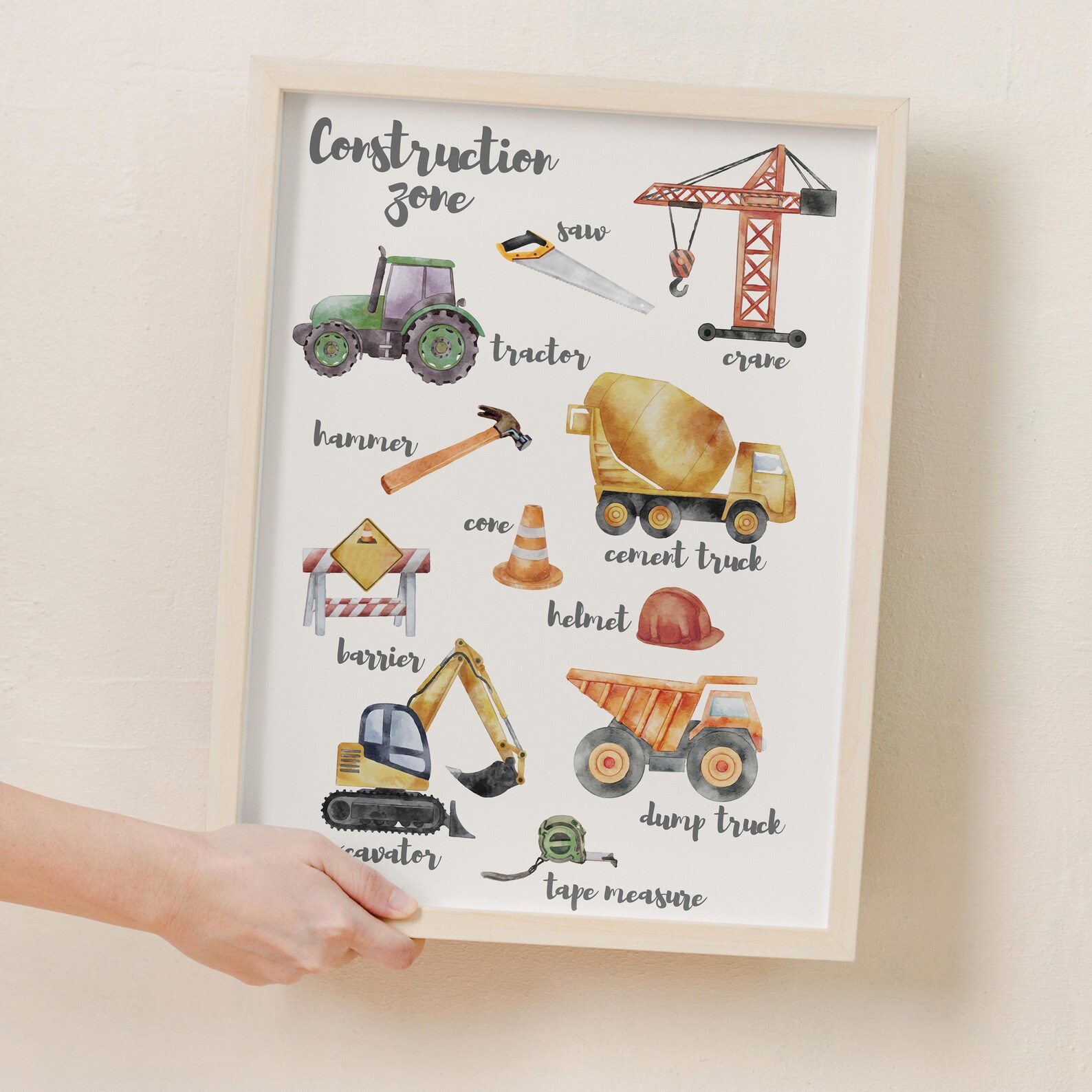 Watercolor Construction Zone Poster: Educational Kids Room Decor ...