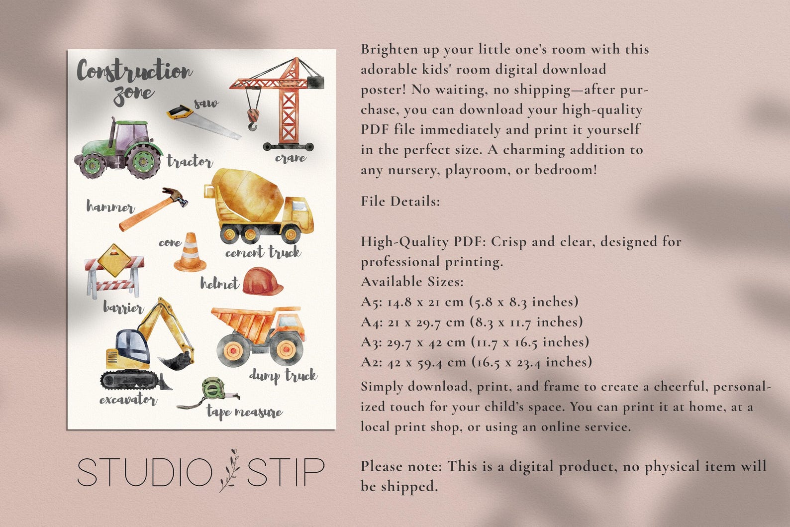 Watercolor Construction Zone Poster: Educational Kids Room Decor ...