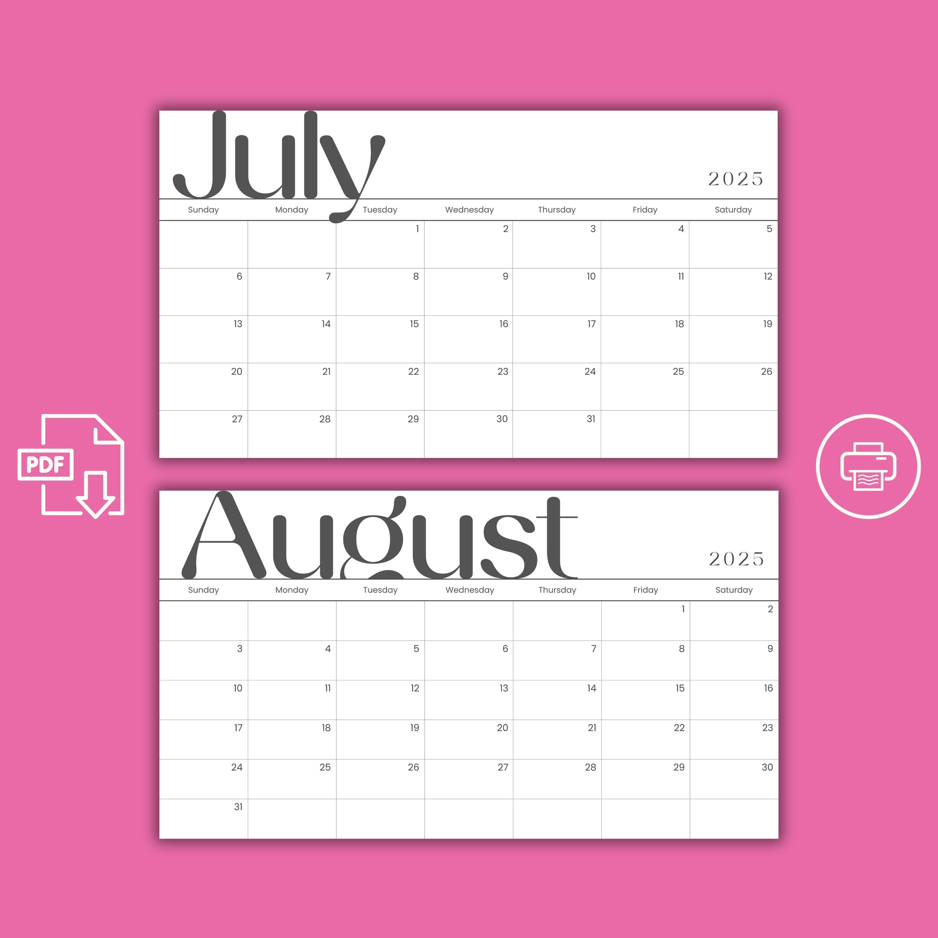 2025 Minimal Year Calendar, Printable Fillable Monthly Calendar 2025 ...