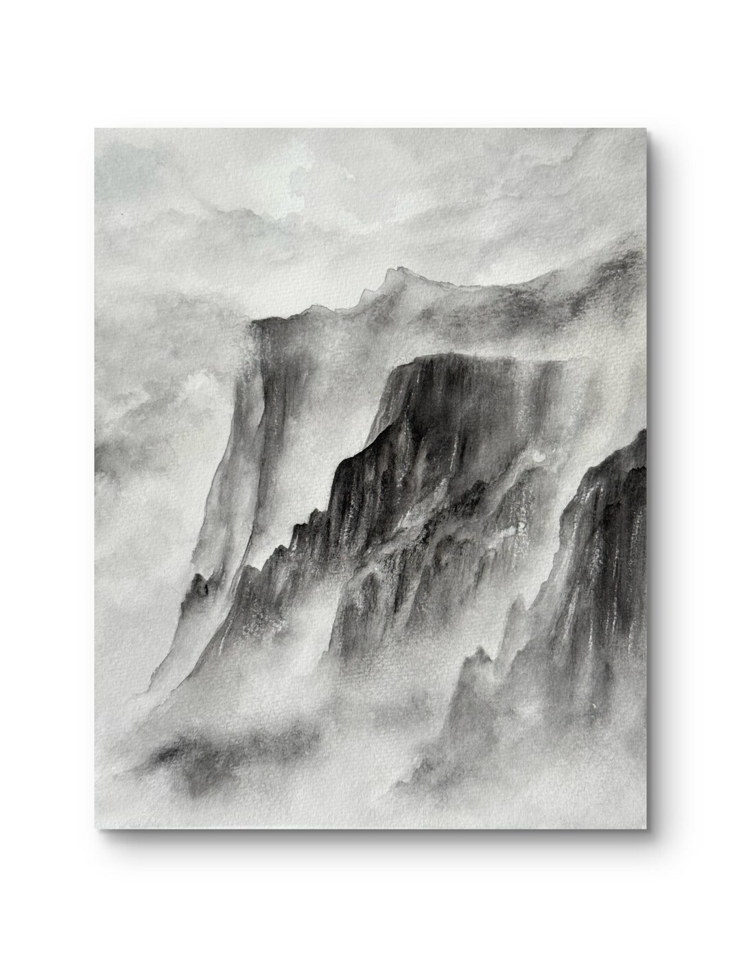 Original Watercolor Painting, Mountain Watercolor, Fog Mountain Art ...