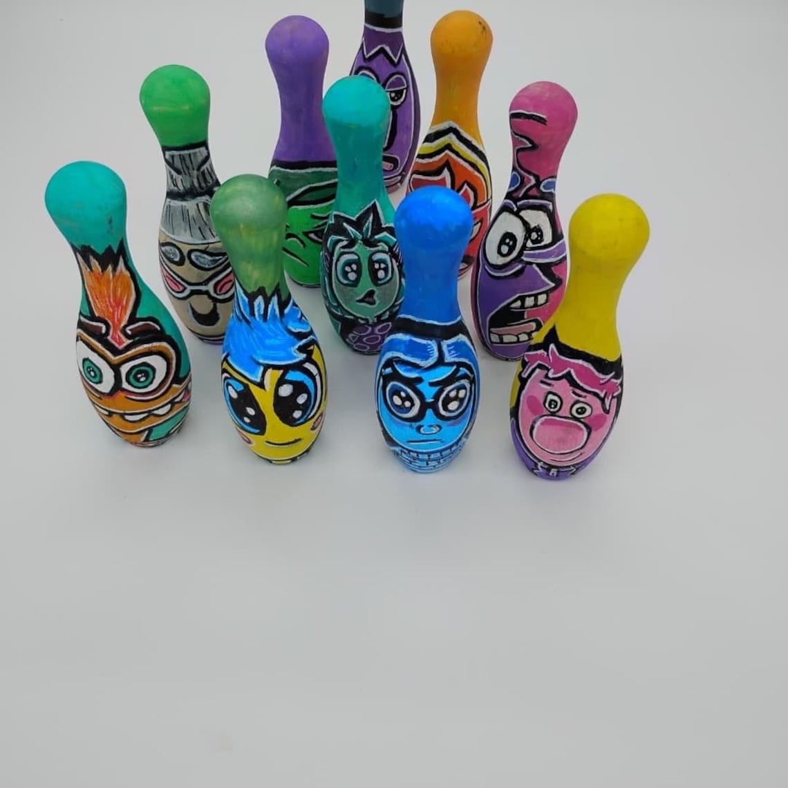 Hand Painted Wood Mini Bowling Pin Set of 10 Inspired by Inside Out 2 ...