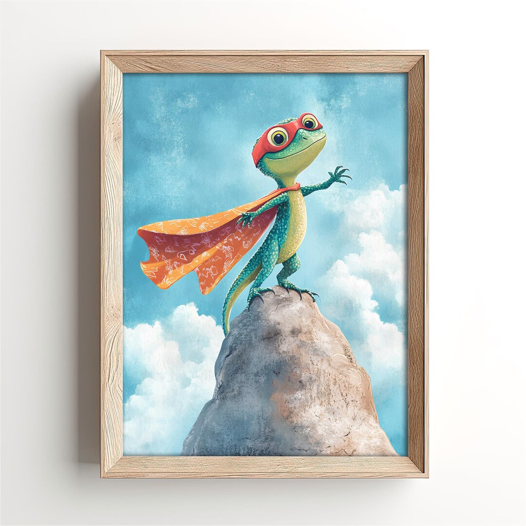 Superhero Lizard Wall Art Print, Fantasy Theme Nursery Decor, Cute ...