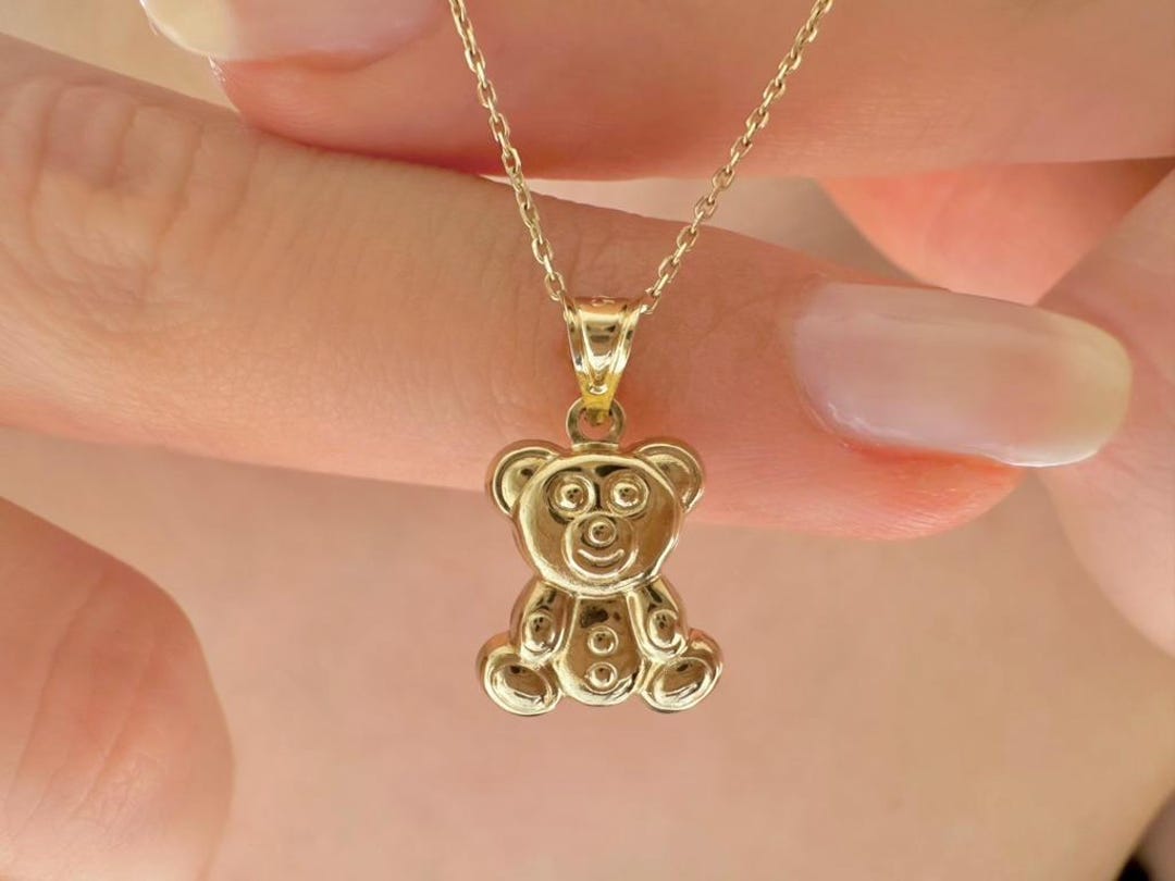 14k Solid Gold Puffed Teddy Bear Necklace - Handmade Cute Pendant ...