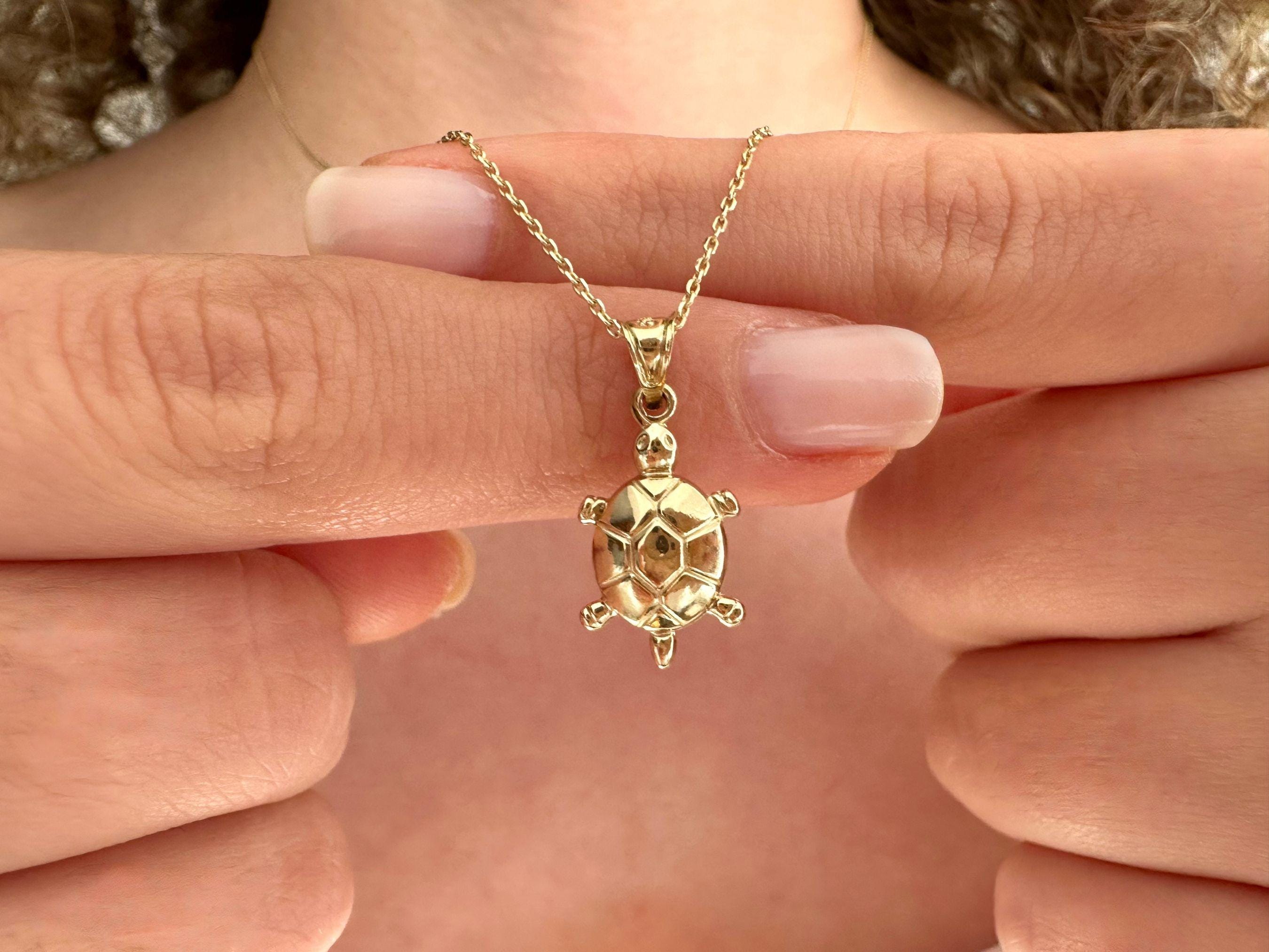 14k Solid Gold Turtle Necklace: Dainty Caretta Charm - Etsy