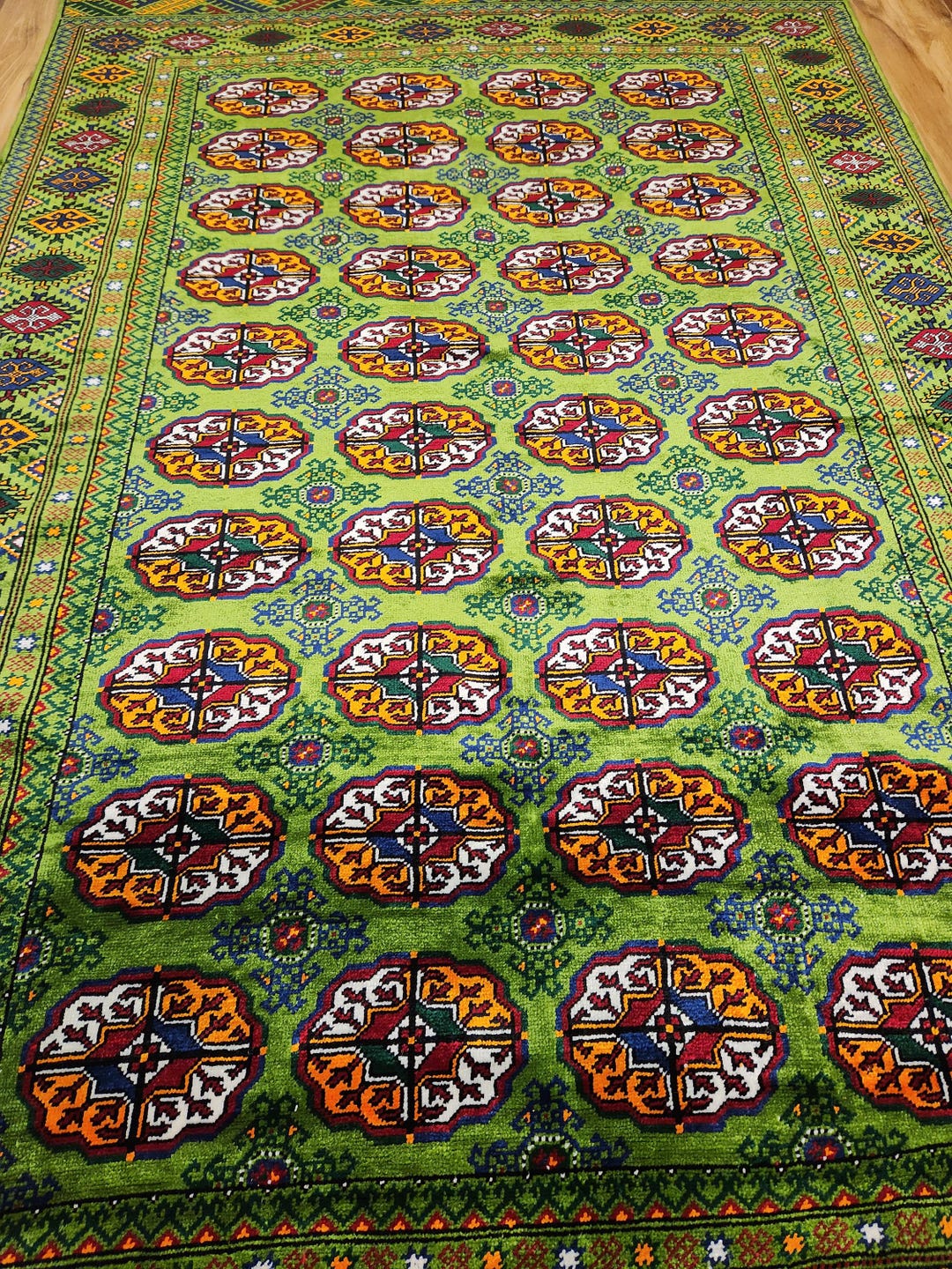 Certified Handwoven Silk Rug - Vibrant Green Turkmen Teke Design With ...