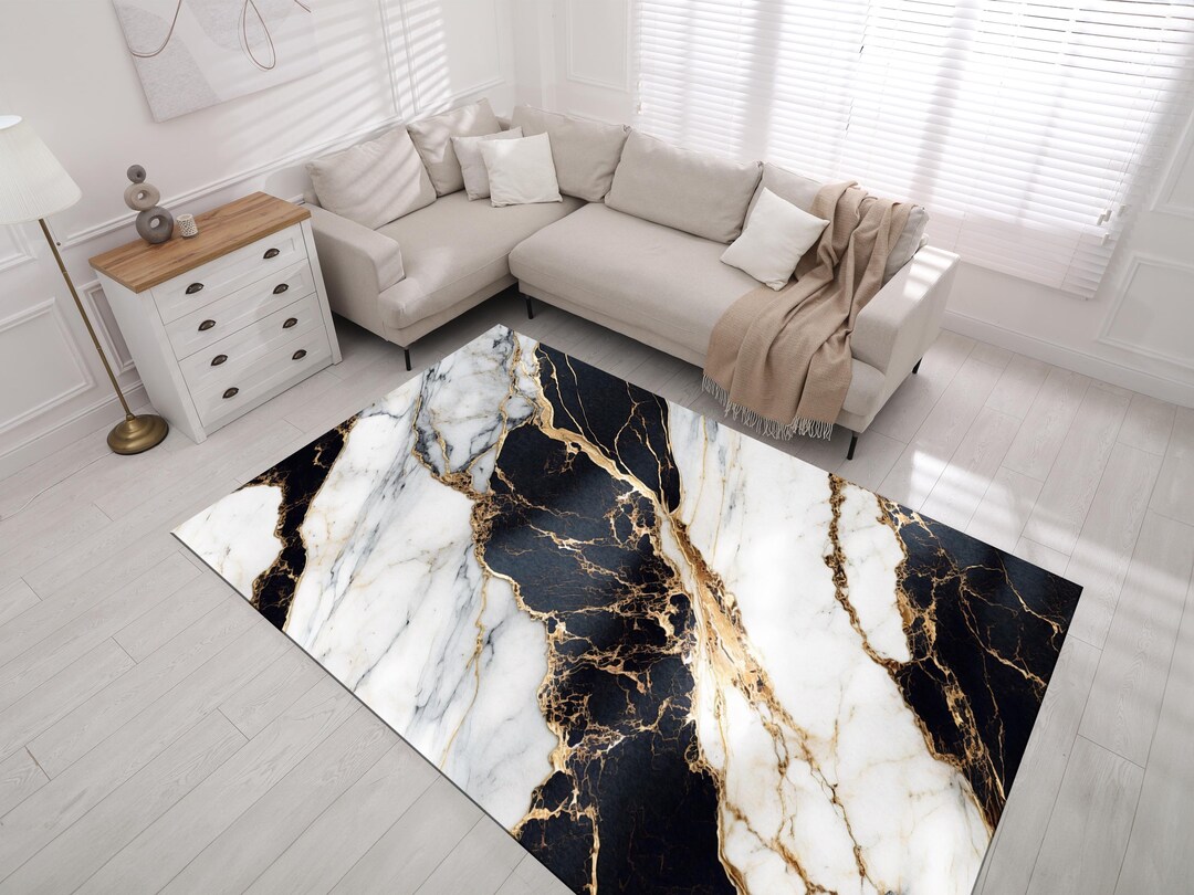 Gold Detailed Black and White Marble Rug, Gold Marble Rug, Gold Rug ...