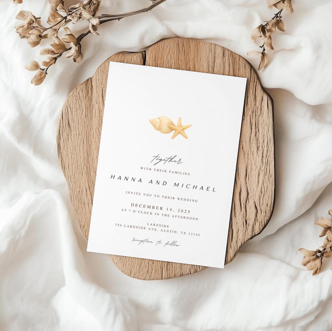 Seashell Beach Wedding Invitation Template: Minimalist Coastal Design ...