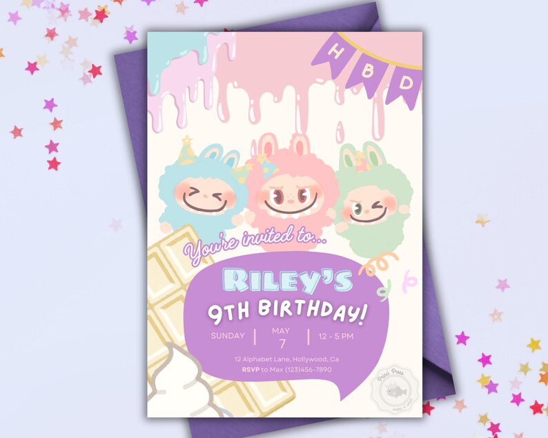 Kawaii Labubu Inspired Theme Birthday Party Editable Invite Template ...