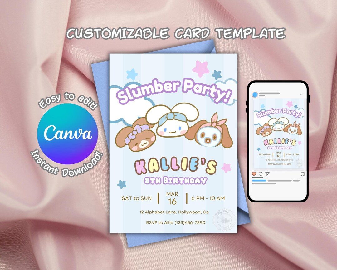 Kawaii Cinnamo-roll Slumber Party Editable Invite Template Custom Card ...