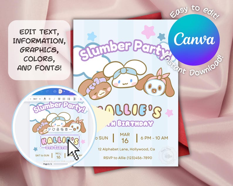 Kawaii Cinnamo-roll Slumber Party Editable Invite Template Custom Card ...