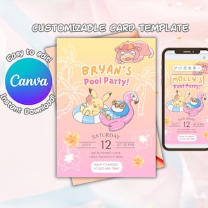 Pika-chu Pool Party Poke-mon Luau Pip-lup Kawaii Invitation Template ...
