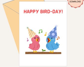 Whimsical Bird Theme Birthday Card - Printable Digital File, Happy ...