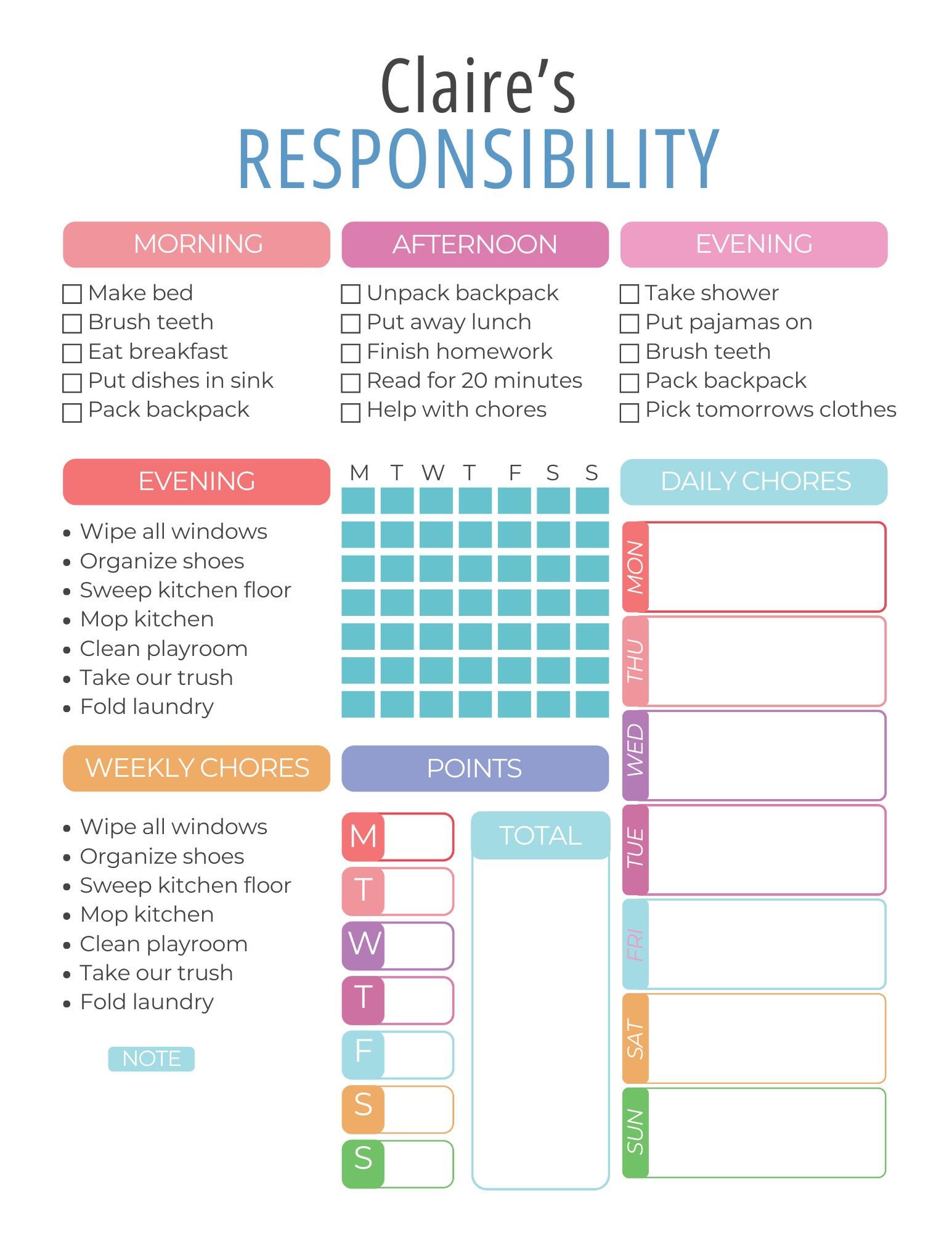 Editable Kids Chore Chart Bundle, School, Reward, Allowance, Daily ...