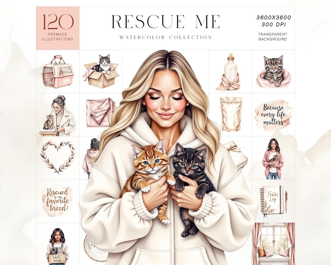 Rescue Cat Watercolor Clipart Set With Foster Mom and Animal Shelter ...
