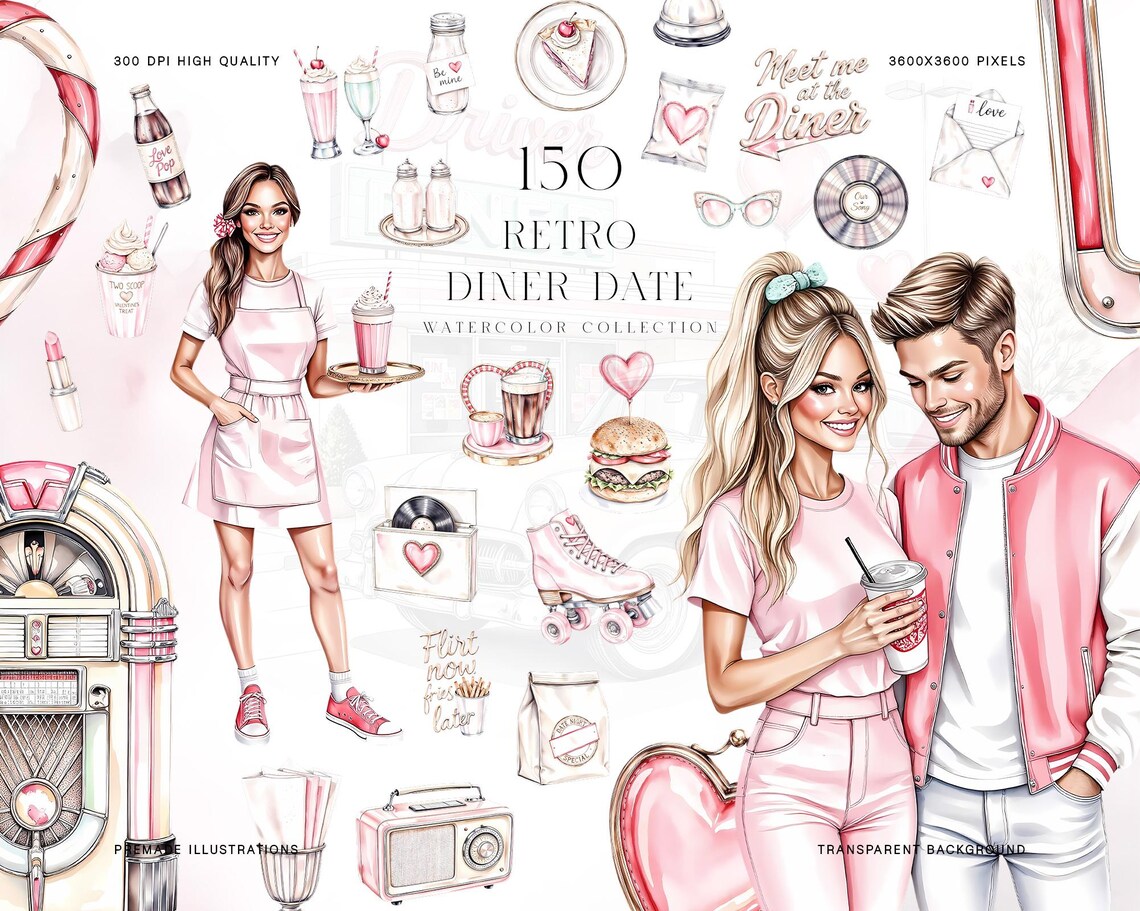 Retro Diner Date Watercolor Clipart Set, Valentine Pink Illustration ...