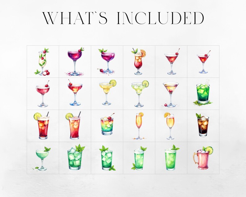 Alcohol Drink Clipart Bundle, 200 Watercolor Cocktail and Mixed Drink ...