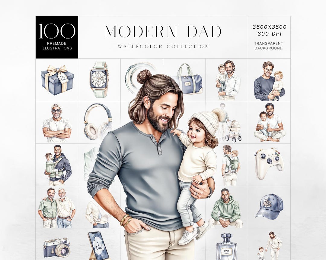 Modern Dad Watercolor Clipart Set With Father and Baby Illustrations ...