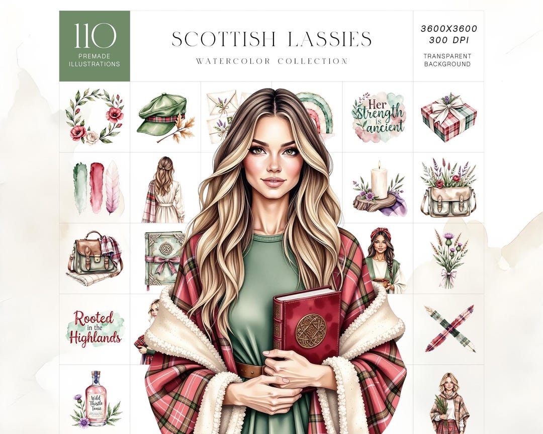 Scottish Lassies Watercolor Clipart, Celtic Heritage Designs (PNG) - Etsy