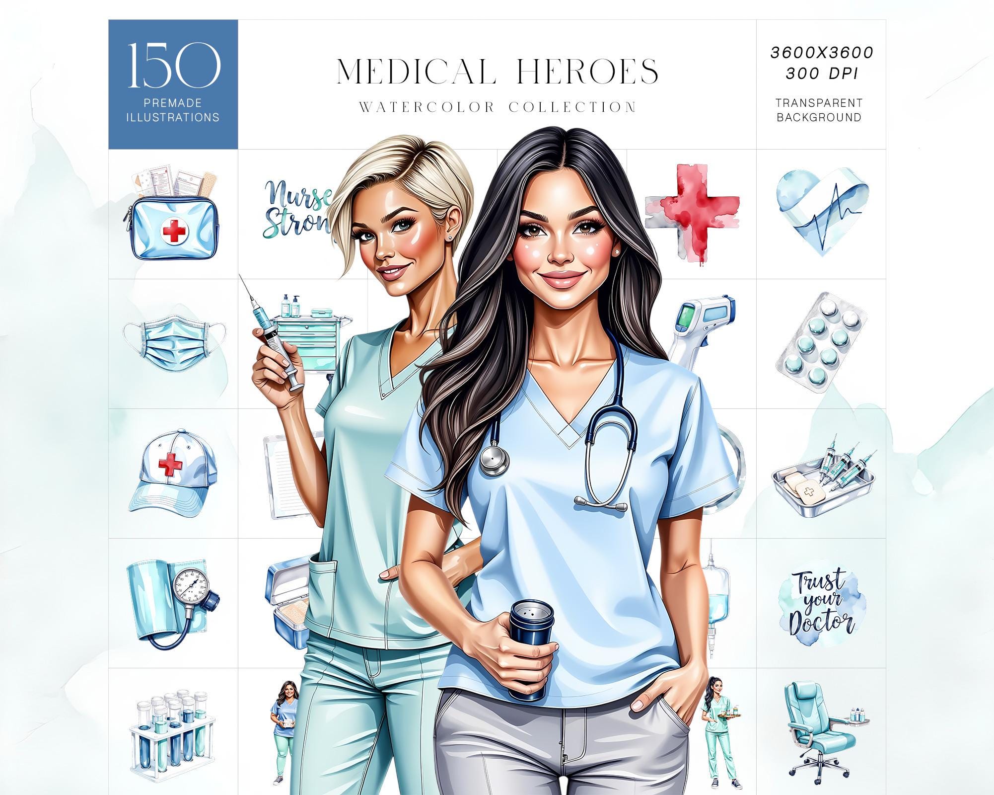 Medical Heroes Watercolor Clipart Set With Nurse and Doctor Healthcare ...