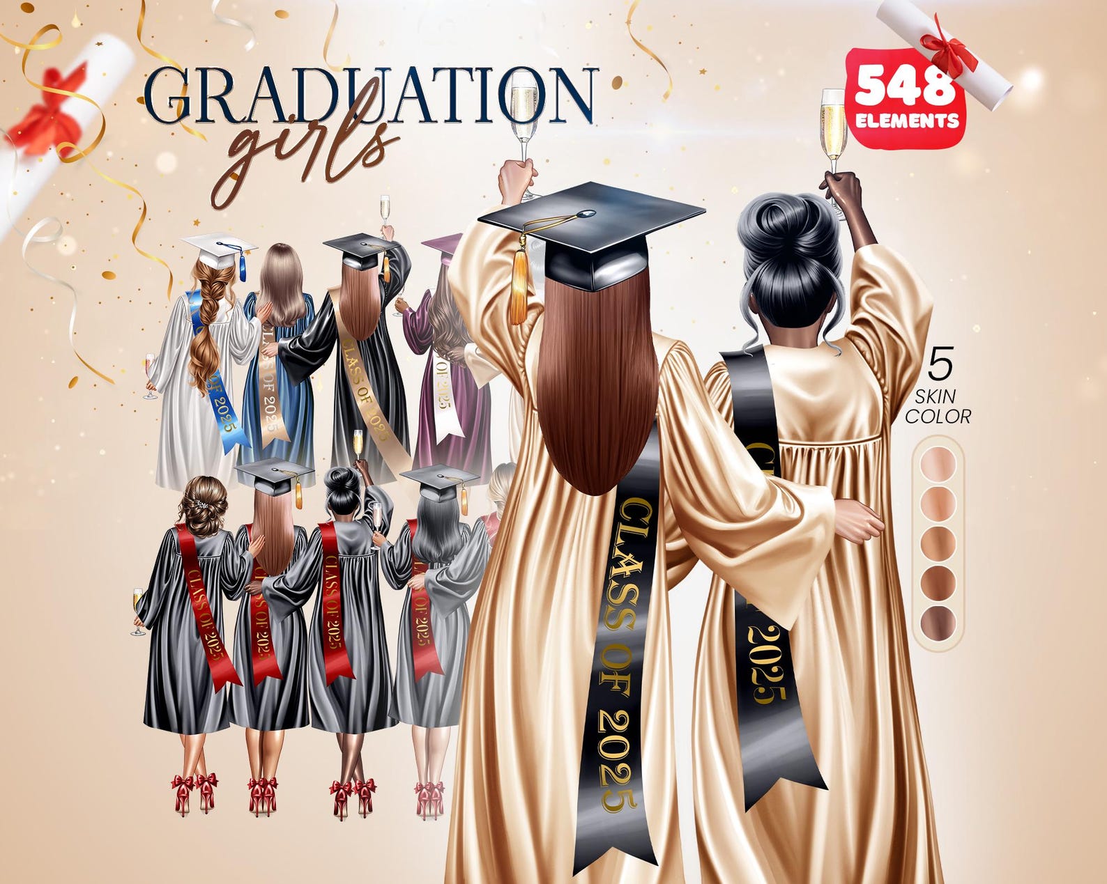 Graduation Girls Clipart, Class of 2025 Illustrations, Personalized ...