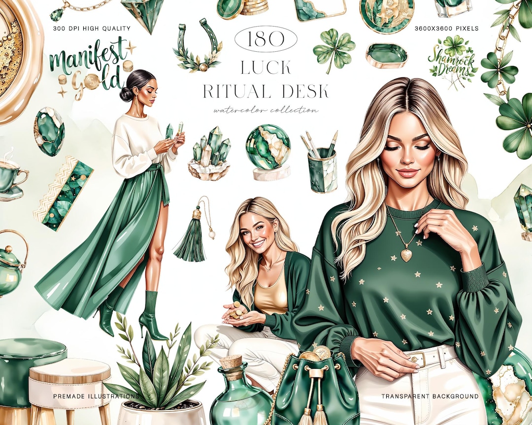 Luck Ritual Desk Watercolor Clipart, Green Manifestation Aesthetic ...