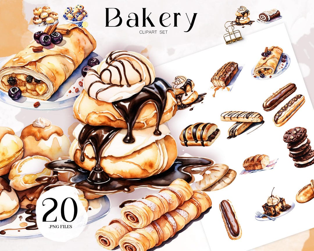Watercolor Bakery Clipart Set, Hand Painted Dessert PNG, Chocolate ...