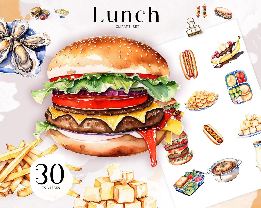 Watercolor Lunch Clipart Set, Burger and Fast Food PNG, Hand Painted ...
