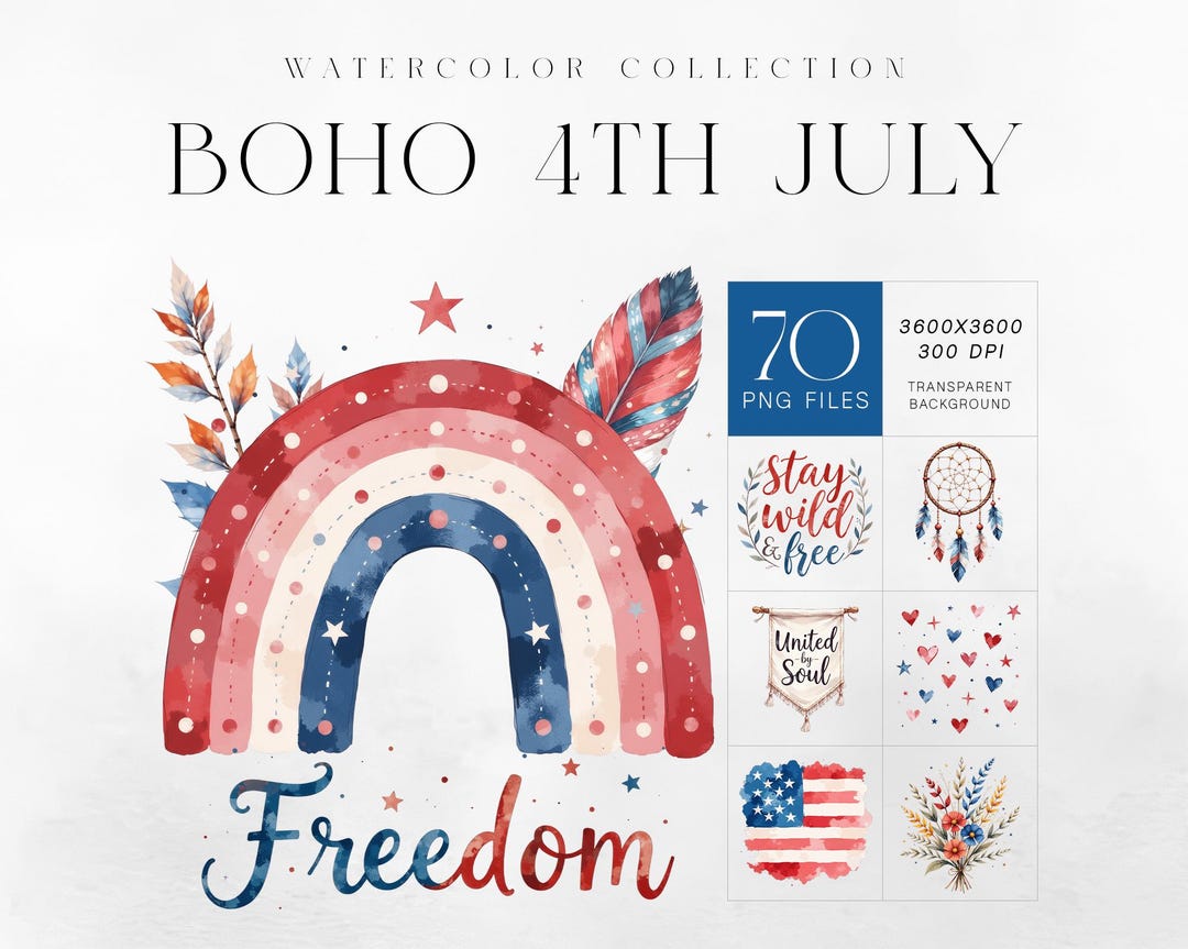 Boho 4th of July Watercolor Clipart Set With Patriotic Americana ...