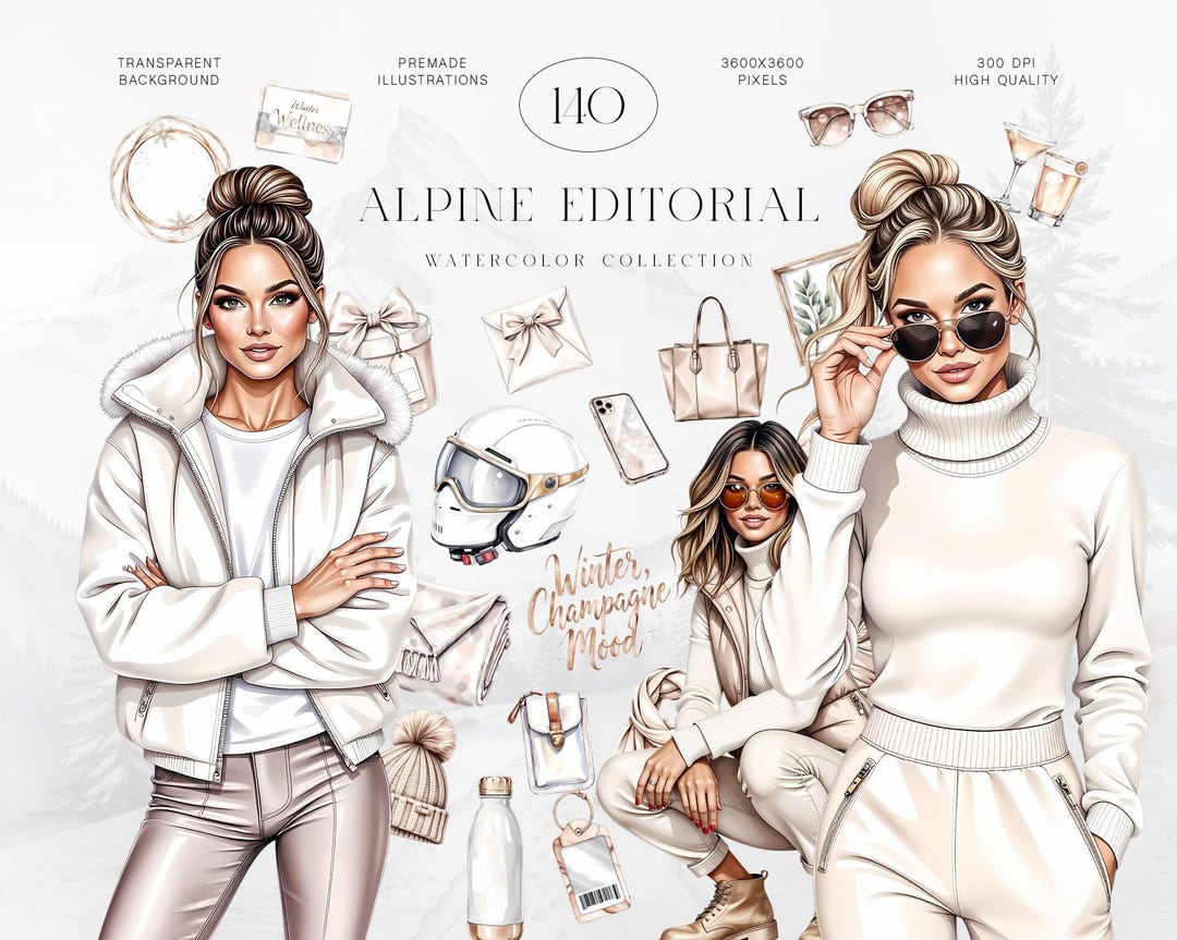 Alpine Editorial Watercolor Clipart Set With Luxury Winter Fashion and ...