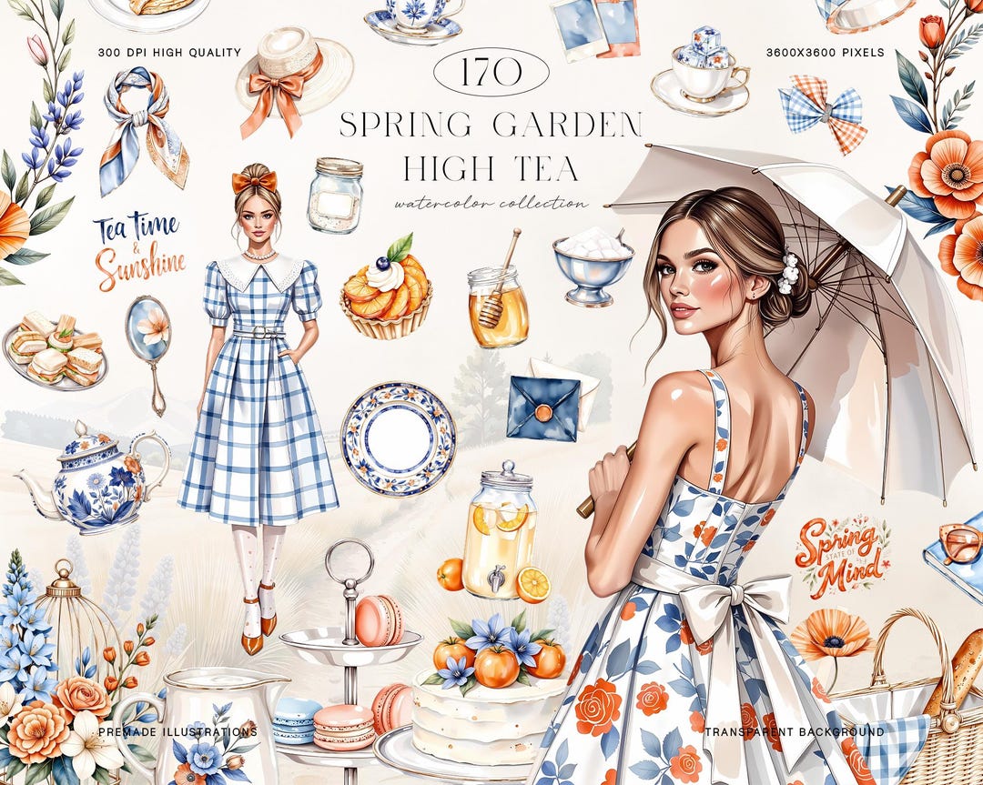 Spring Garden High Tea Watercolor Clipart Set, Elegant Tea Party ...