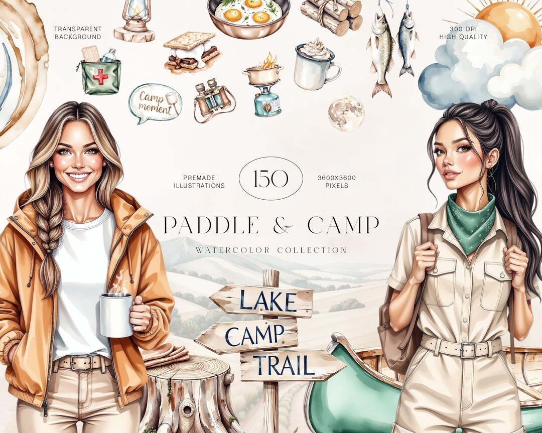 Camping Watercolor Clipart Set With Outdoor Adventure and Nature Travel ...