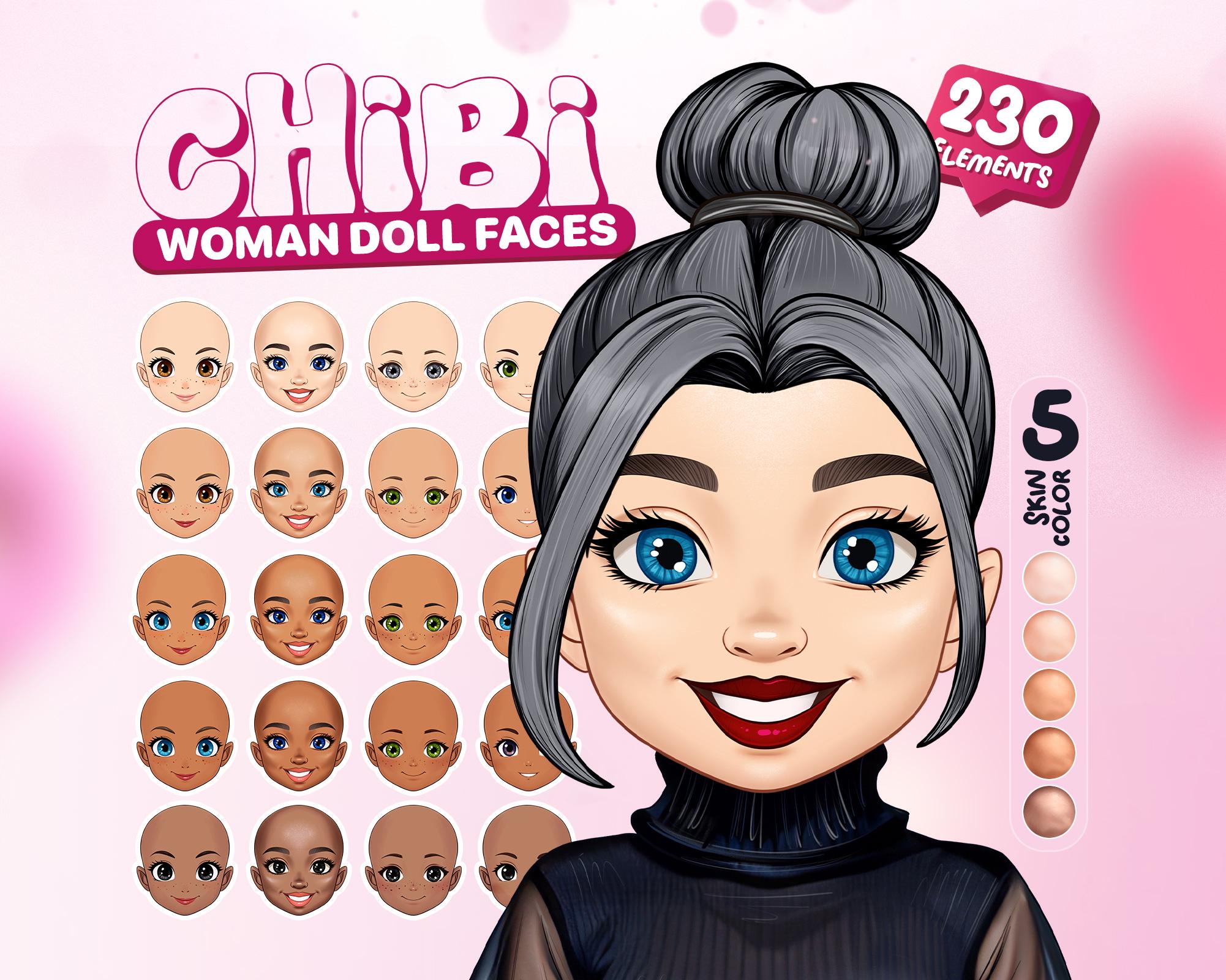 Chibi Woman Doll Face Creator Kit, 230 PNG Elements (digital Portrait ...