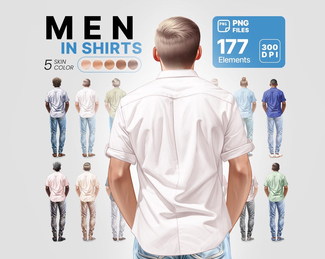 Men in Shirts PNG Clipart Bundle, 177 Elements With 5 Skin Tones, High ...