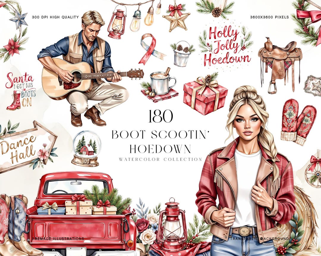 Boot Scootin Hoedown Watercolor Clipart Set, Country Christmas ...