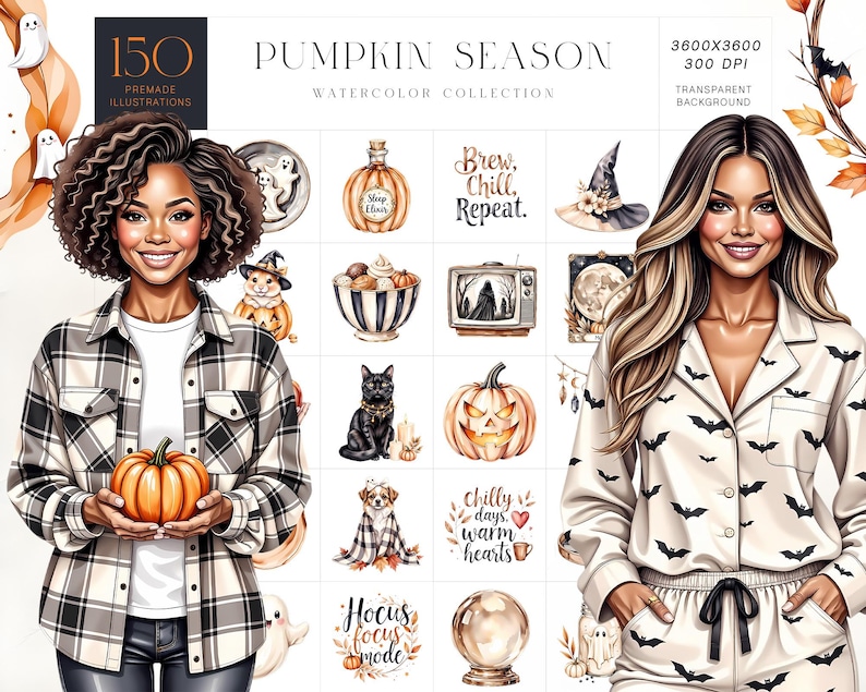 Pumpkin Season Watercolor Clipart Bundle, Fall Halloween PNG ...