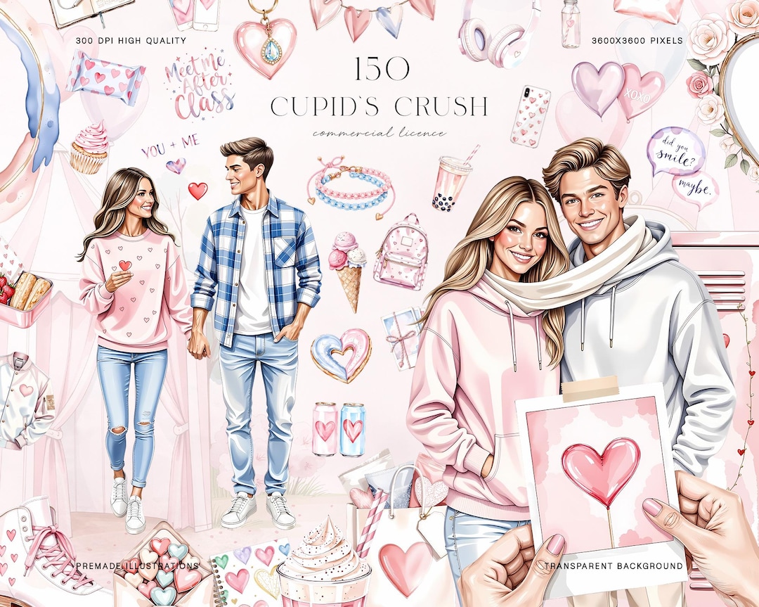 Cupid’s Crush Watercolor Clipart Set, Valentine Teen Romance ...